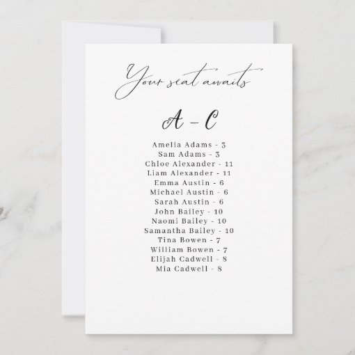 Elegant Alphabetical Wedding Guest Seating Card | Zazzle