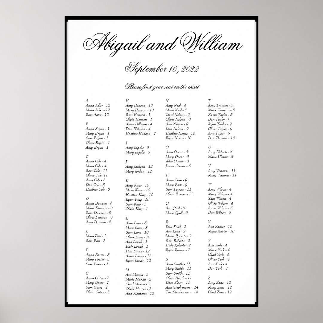 Elegant Alphabetical Wedding Seating Chart | Zazzle