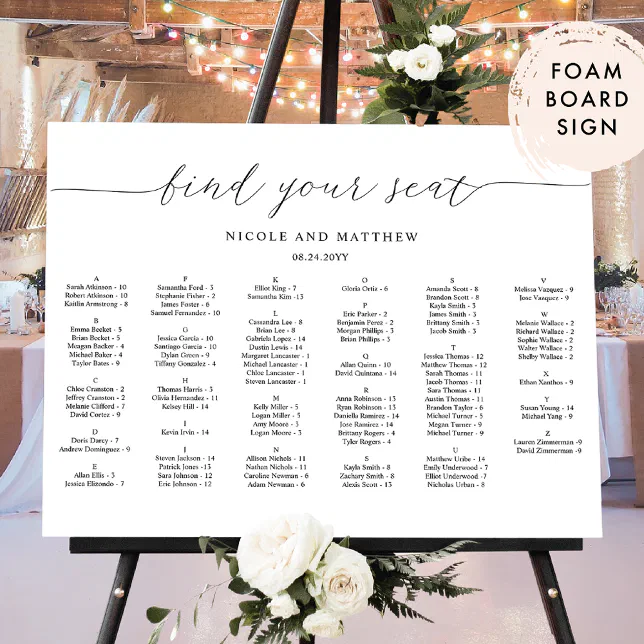Elegant Alphabetical Wedding Seating Chart Foam Board | Zazzle