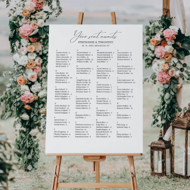 Elegant Alphabetical Wedding Seating Chart Foam Board | Zazzle