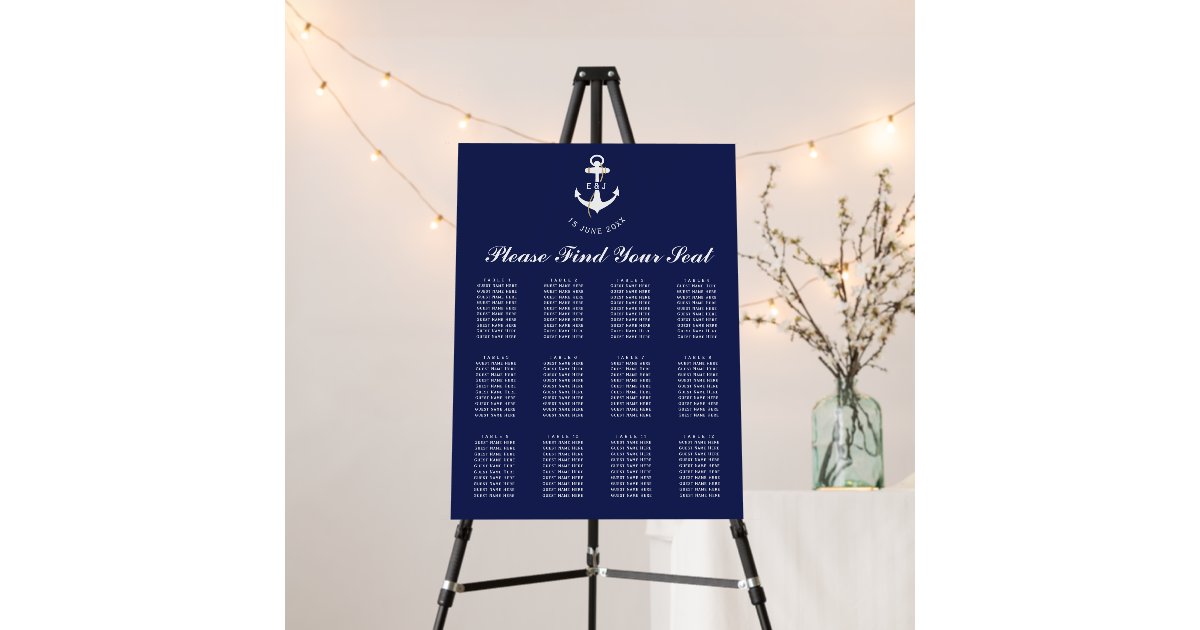 Elegant Anchor Nautical Wedding Seating Chart Foam Board | Zazzle