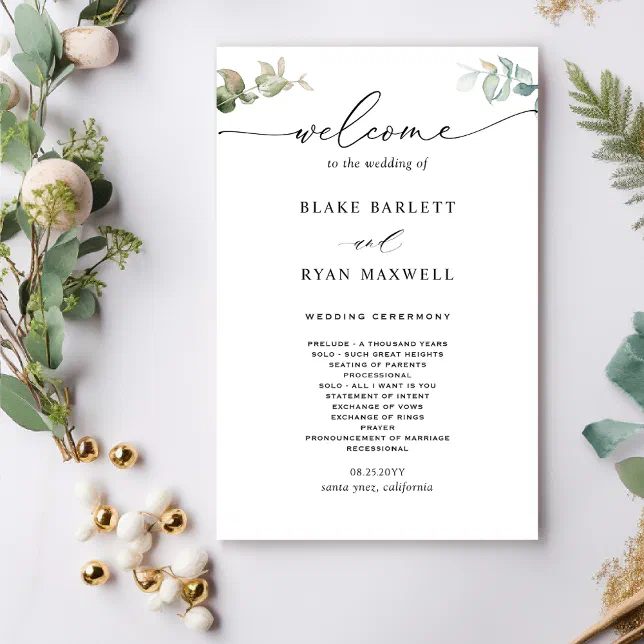 Elegant and Minimal Greenery Wedding Program | Zazzle