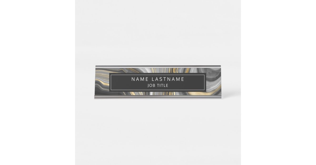 Elegant and Modern Agate Black Gray and Gold Desk Name Plate | Zazzle