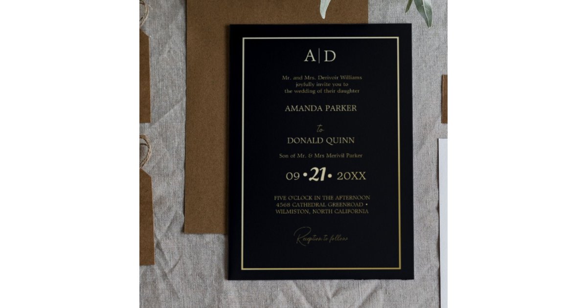 Elegant and Romantic Black Monogram Wedding Foil Invitation | Zazzle