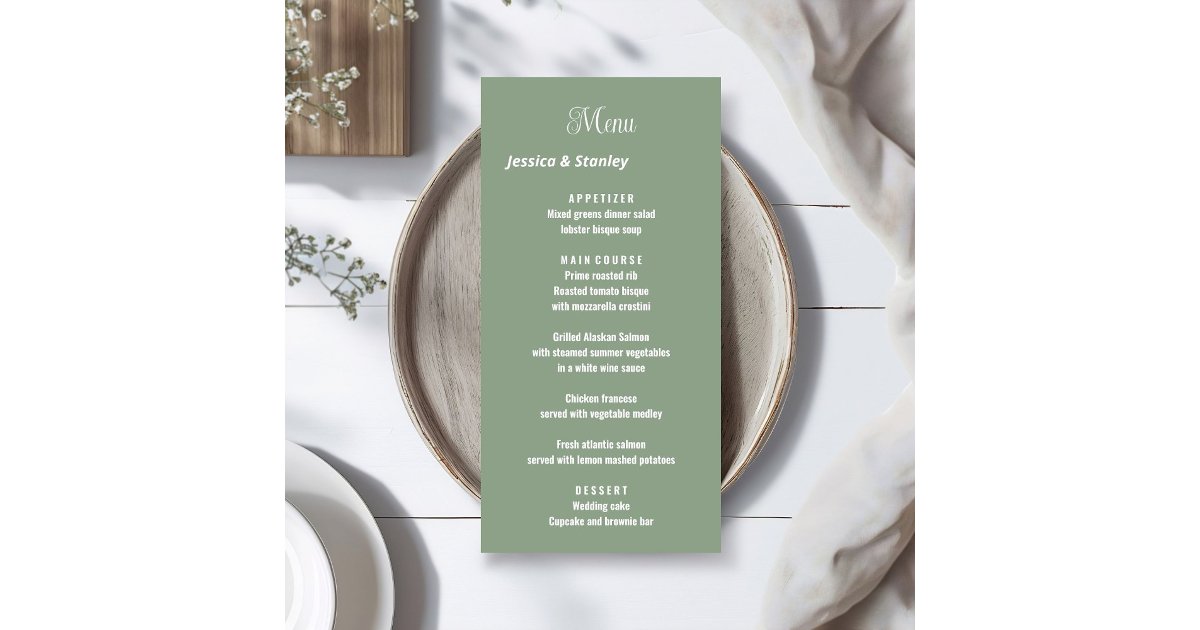 Elegant and simple green sage wedding reception Menu | Zazzle
