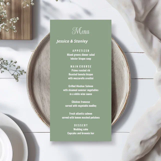 Elegant and simple green sage wedding reception Menu | Zazzle