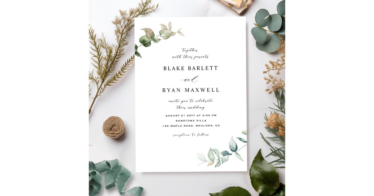 Elegant and Simple Greenery Wedding Invitation | Zazzle