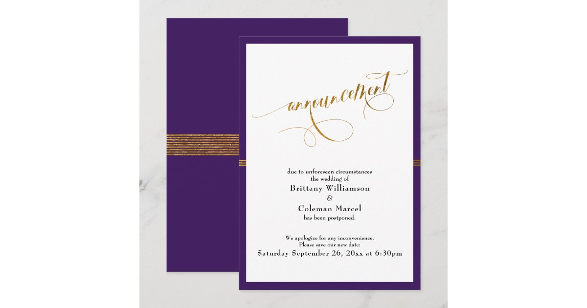 Elegant Announcement Purple & Gold Stripe Card | Zazzle