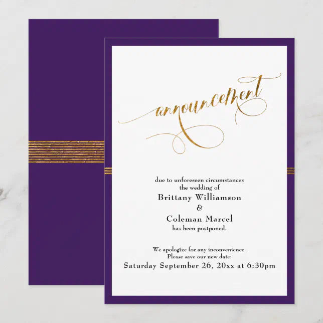 Elegant Announcement Purple & Gold Stripe Card | Zazzle