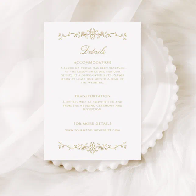Elegant Antique Gold Line Art Wedding Details Enclosure Card | Zazzle