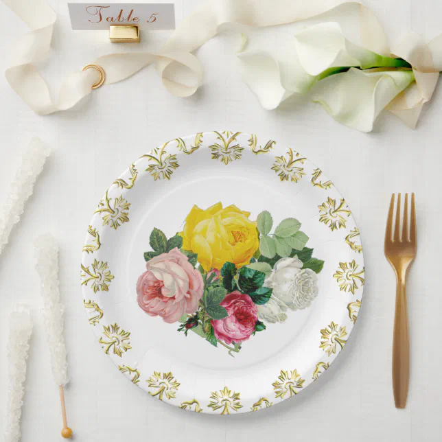 Elegant Antique Roses with Gold Floral Wedding Paper Plates | Zazzle