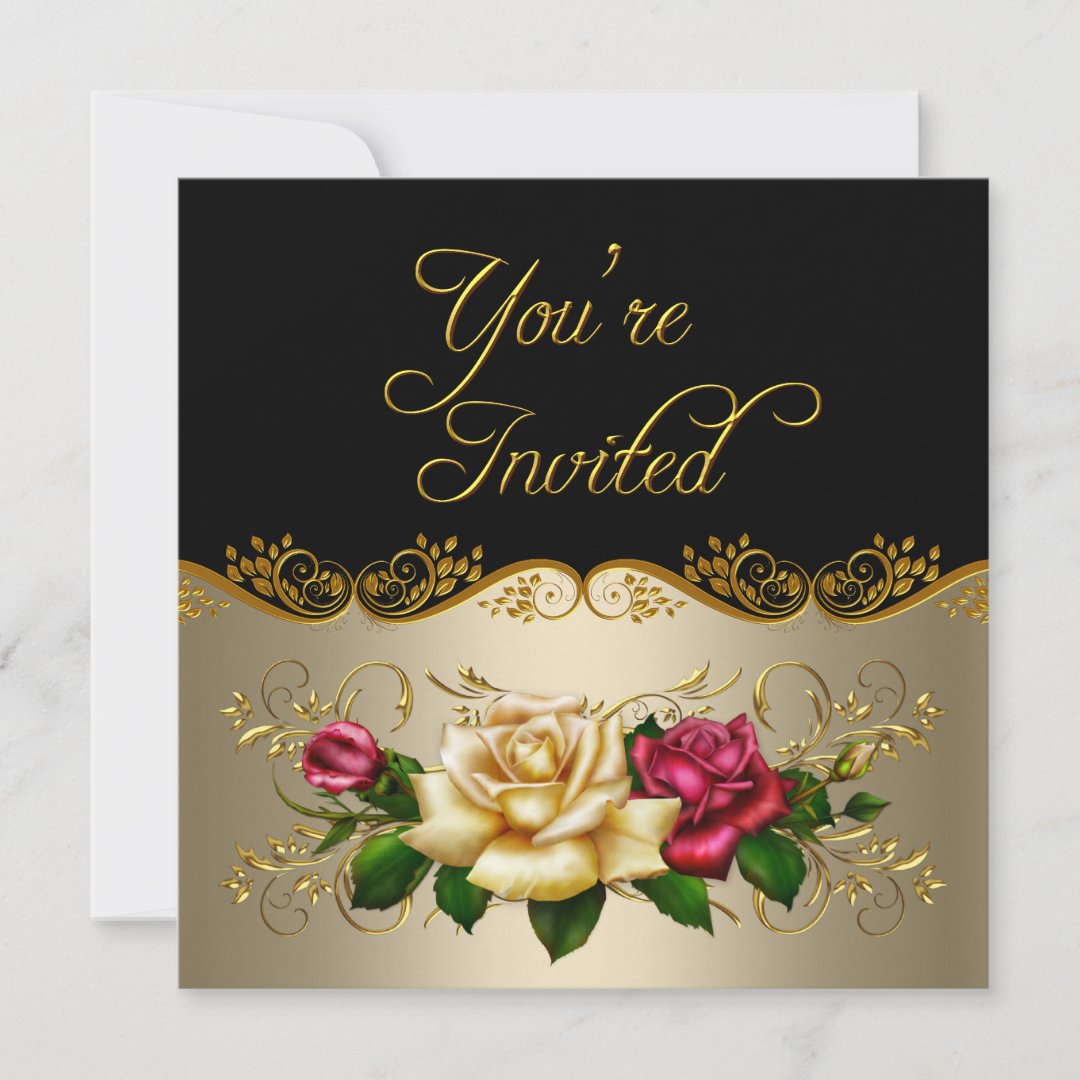 Elegant Any Event Party Coffee Gold Red Roses Invitation | Zazzle