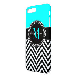 Elegant Aqua and Black Chevron Monogrammed iPhone Case | Zazzle