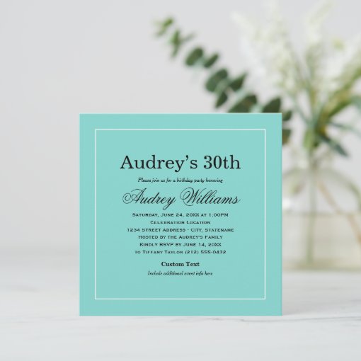 Elegant Aqua Blue 30th Birthday Party Invitation | Zazzle