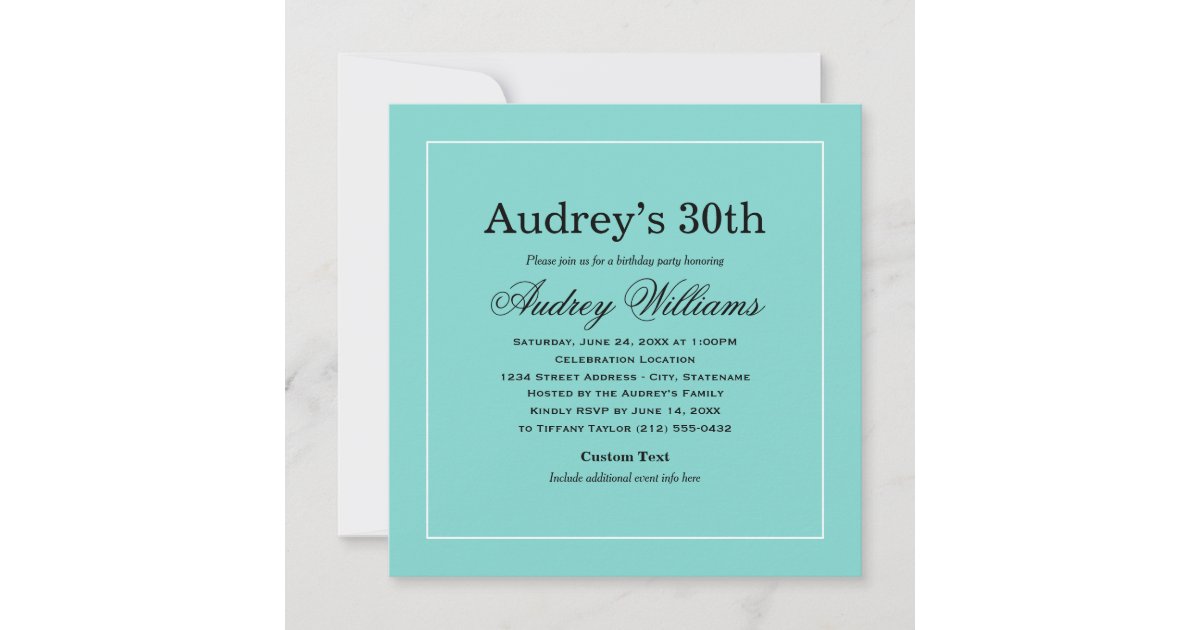 Elegant Aqua Blue 30th Birthday Party Invitation | Zazzle