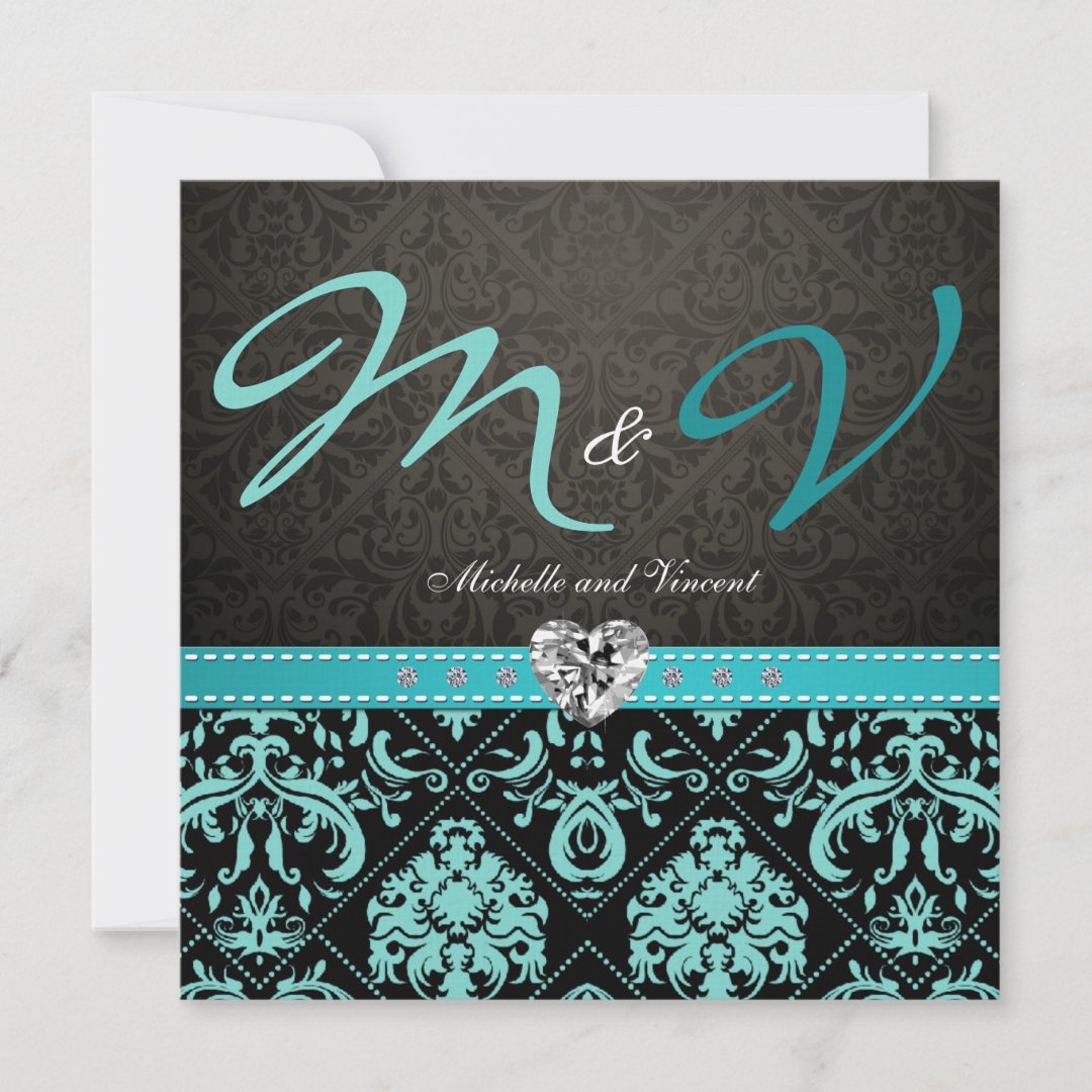 Elegant Aqua Blue / Black Damask Wedding Invites | Zazzle