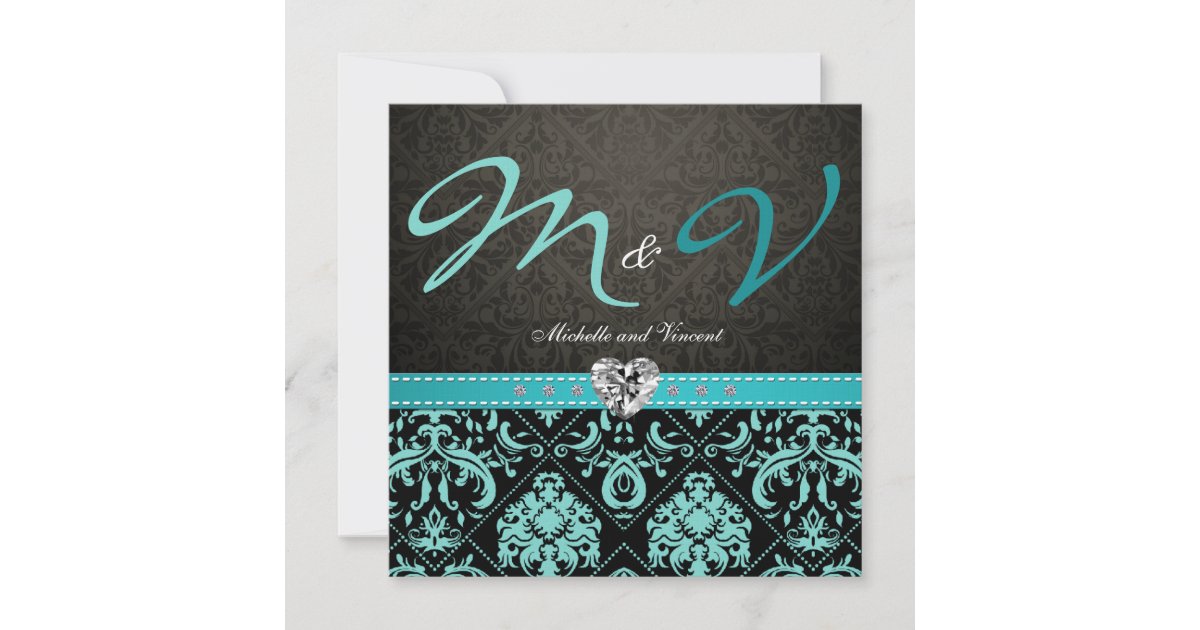 Elegant Aqua Blue / Black Damask Wedding Invites | Zazzle
