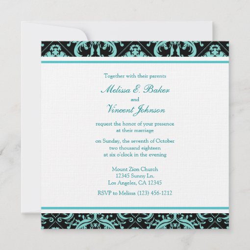 Elegant Aqua Blue / Black Damask Wedding Invites | Zazzle