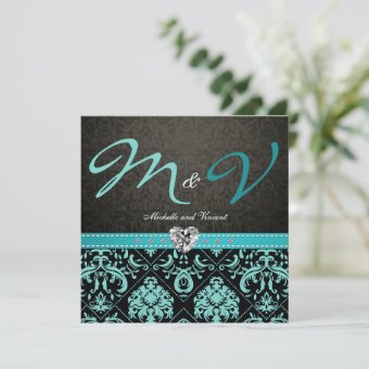Elegant Aqua Blue / Black Damask Wedding Invites | Zazzle