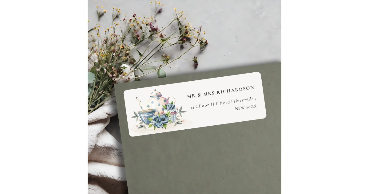 Elegant Aqua Blue floral Teapot Cup Cake Address Label | Zazzle