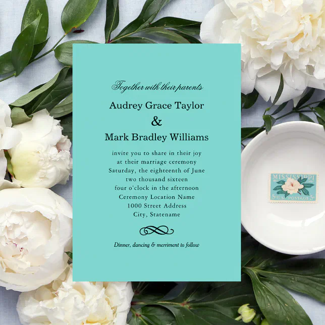 Elegant Aqua Blue Wedding Invitation | Zazzle