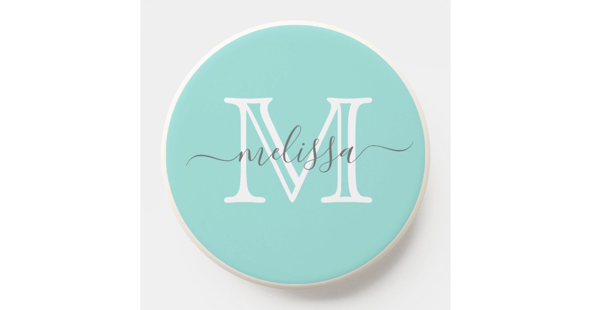 Elegant Aqua Green Minimal Name and Monogram PopSocket | Zazzle