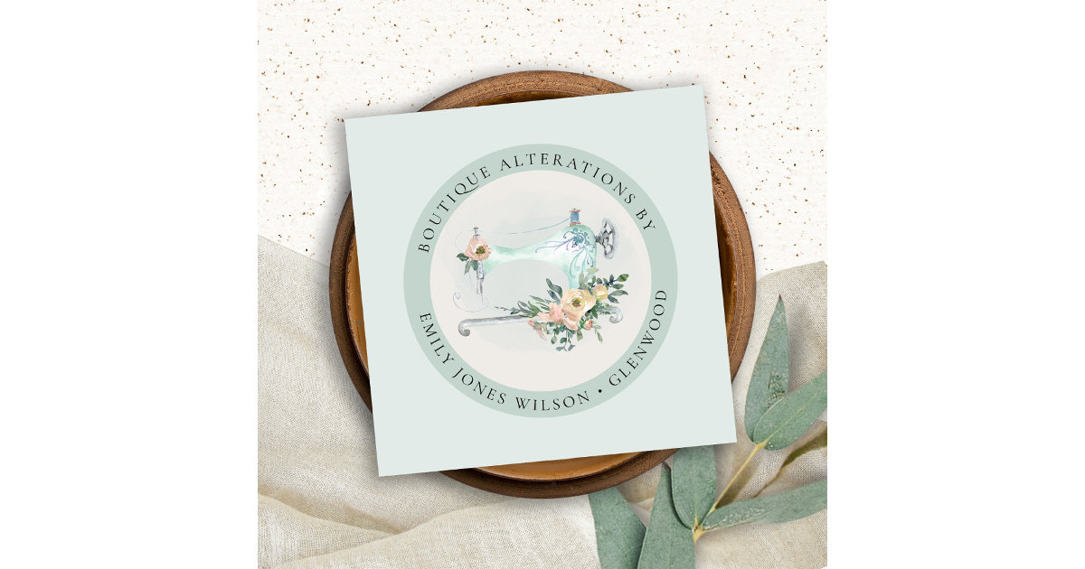 Elegant Aqua Grey Sewing Machine Floral Tailor Sq Square Business Card ...