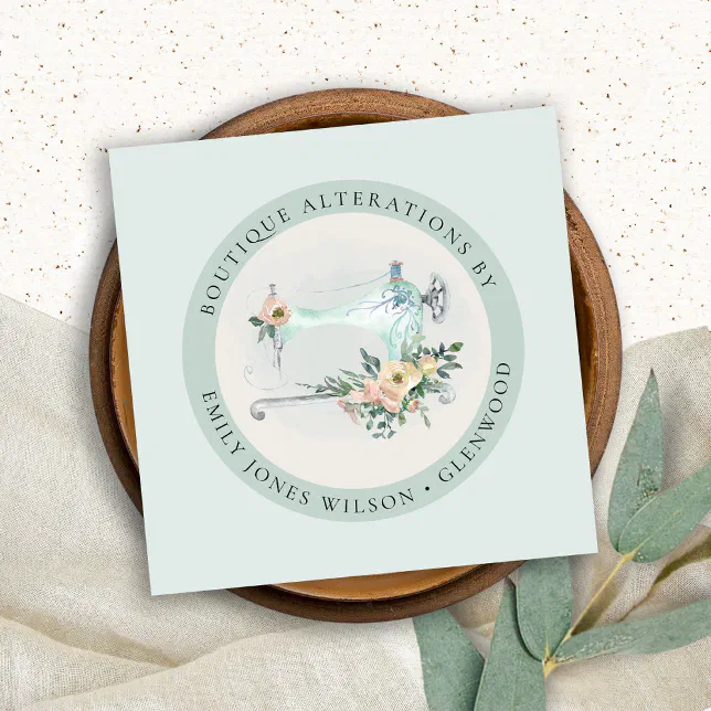 Elegant Aqua Grey Sewing Machine Floral Tailor Sq Square Business Card ...