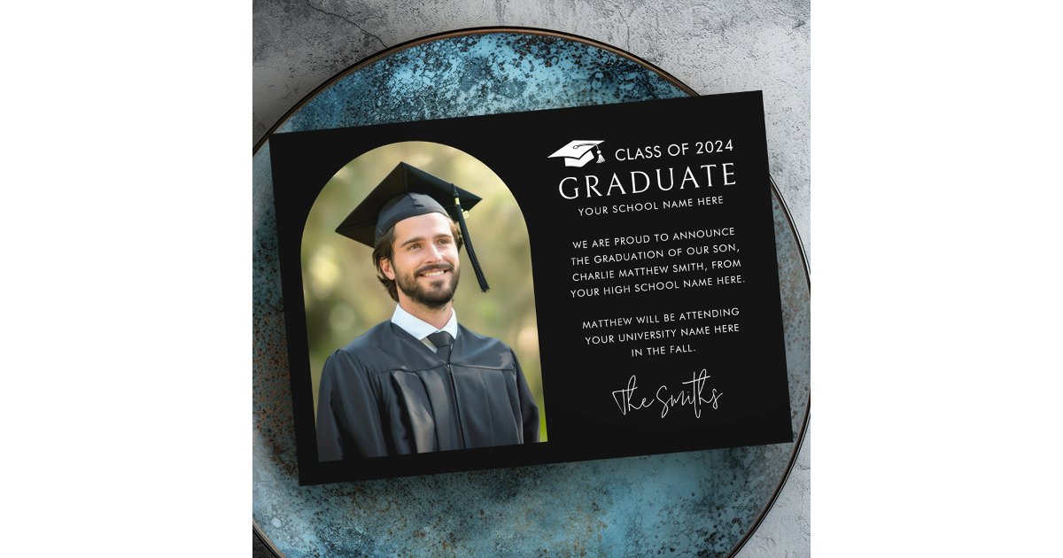 Elegant arch black photo graduation cap announcement | Zazzle