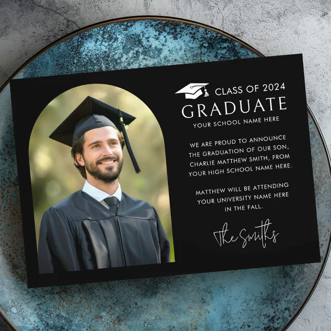 Elegant arch black photo graduation cap announcement | Zazzle