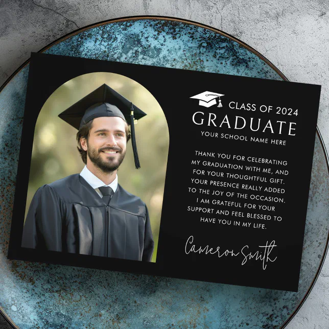 Elegant arch classic photo cap graduation black thank you card | Zazzle