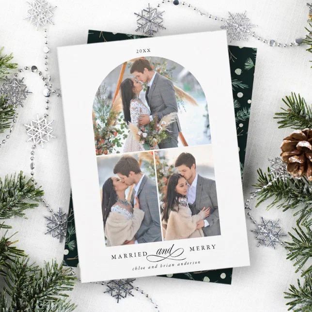Elegant Arch Frame Married and Merry 3 Photo Holiday Card | Zazzle