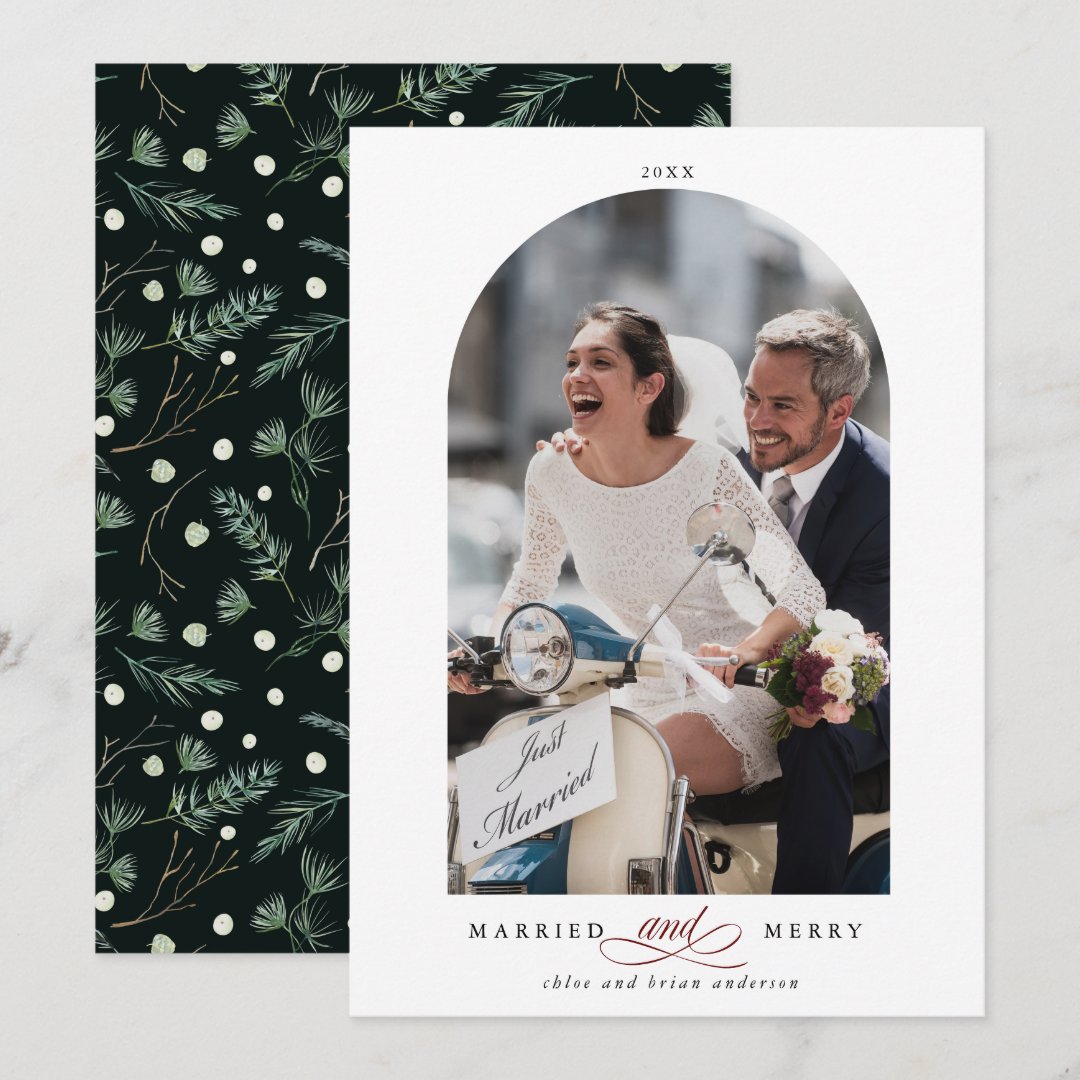 Elegant Arch Frame Married and Merry Photo Holiday Card | Zazzle
