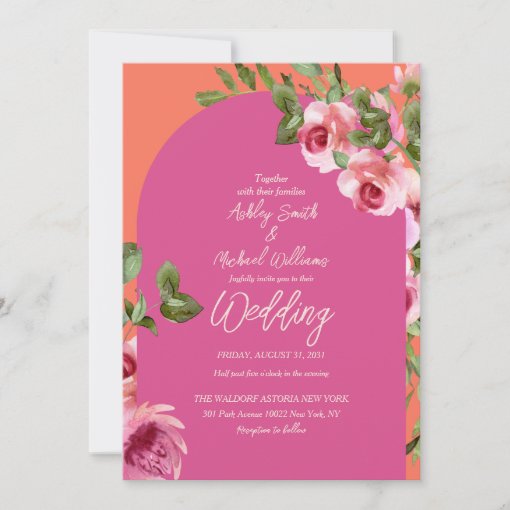 Elegant Arch Frame Pink and Orange Floral Wedding Invitation | Zazzle