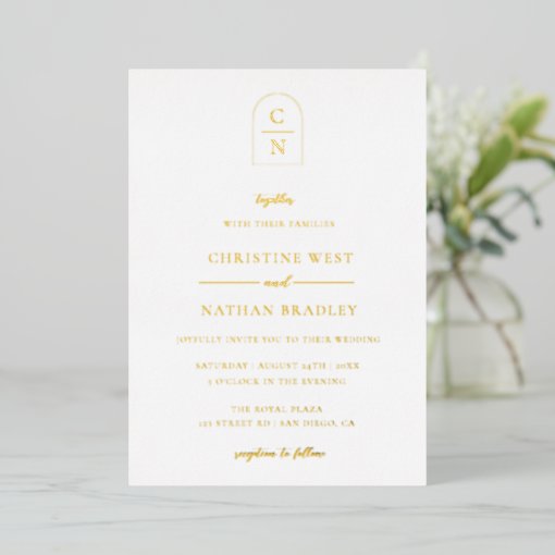 Elegant Arch Monogram Photo Wedding Gold Foil Invitation | Zazzle