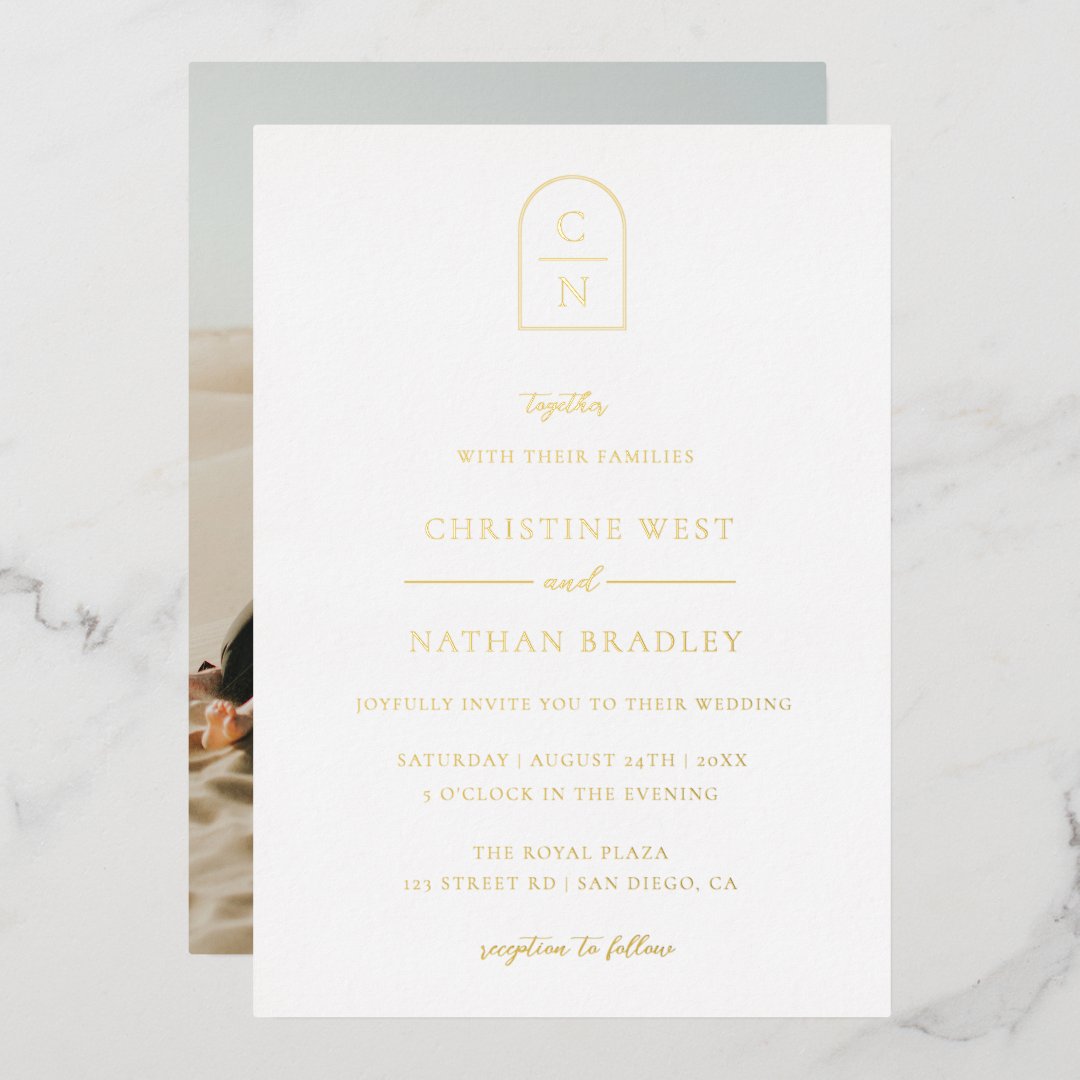 Elegant Arch Monogram Photo Wedding Gold Foil Invitation | Zazzle