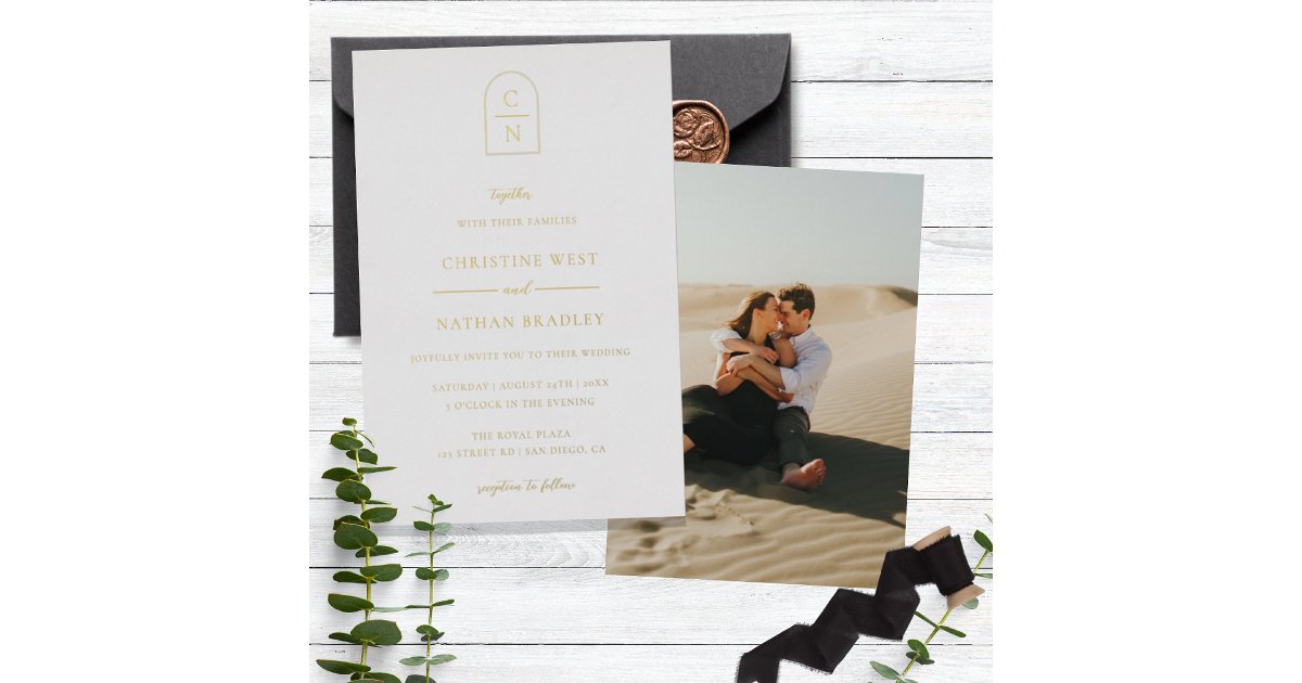 Elegant Arch Monogram Photo Wedding Gold Foil Invitation | Zazzle
