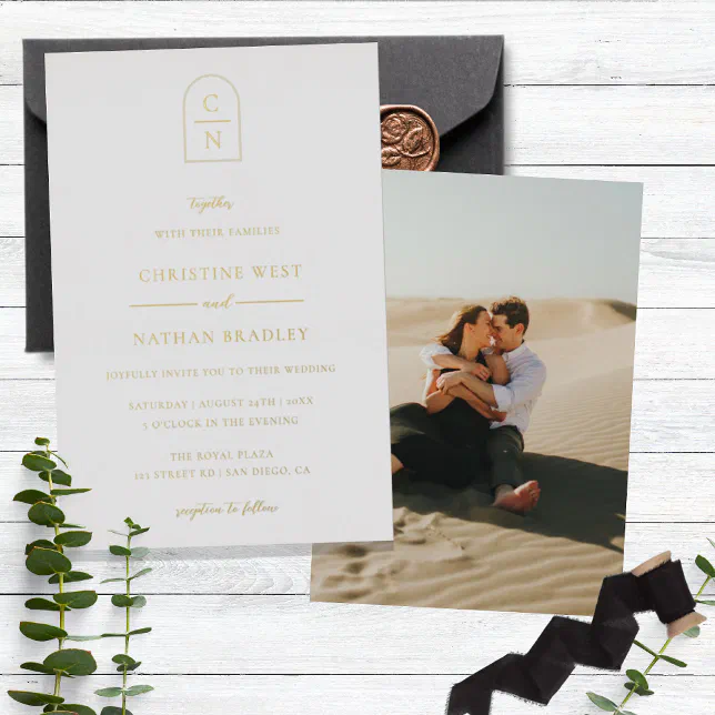 Elegant Arch Monogram Photo Wedding Gold Foil Invitation | Zazzle