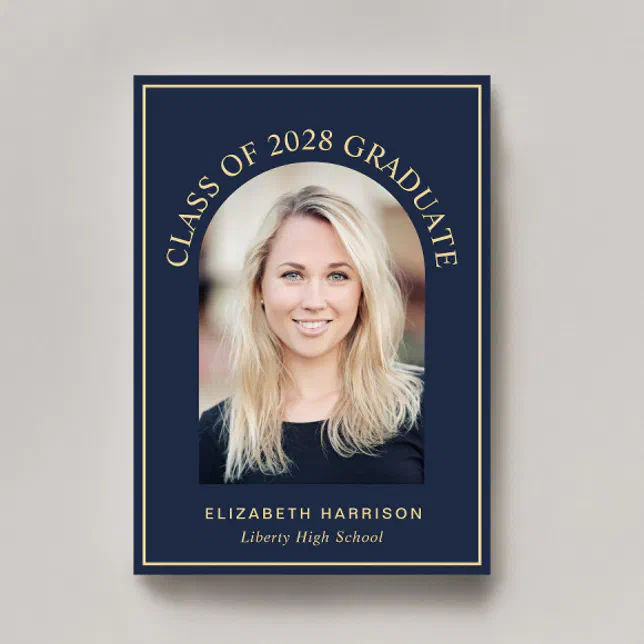 Elegant Arch Photo Blue Gold Graduation Announcement | Zazzle