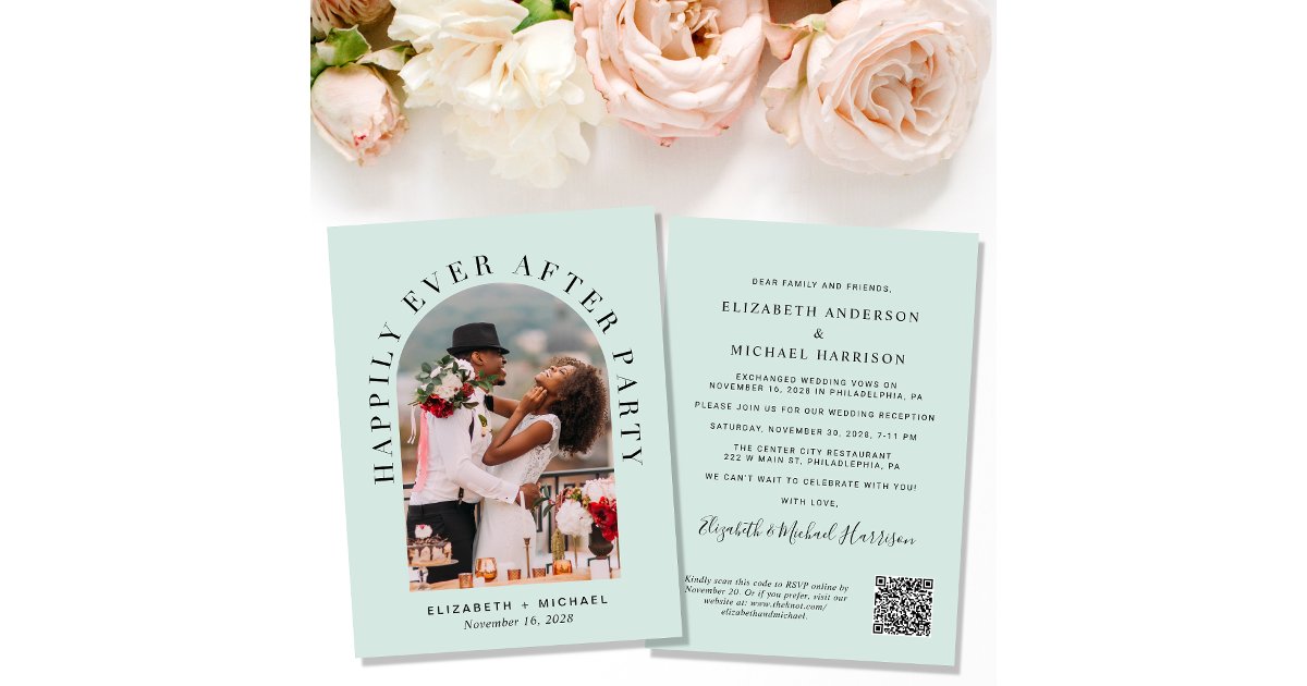 Elegant Arch Photo QR Code Mint Wedding Reception Invitation | Zazzle