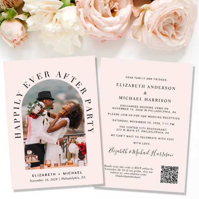Elegant Arch Photo QR Code Pink Wedding Reception Invitation | Zazzle