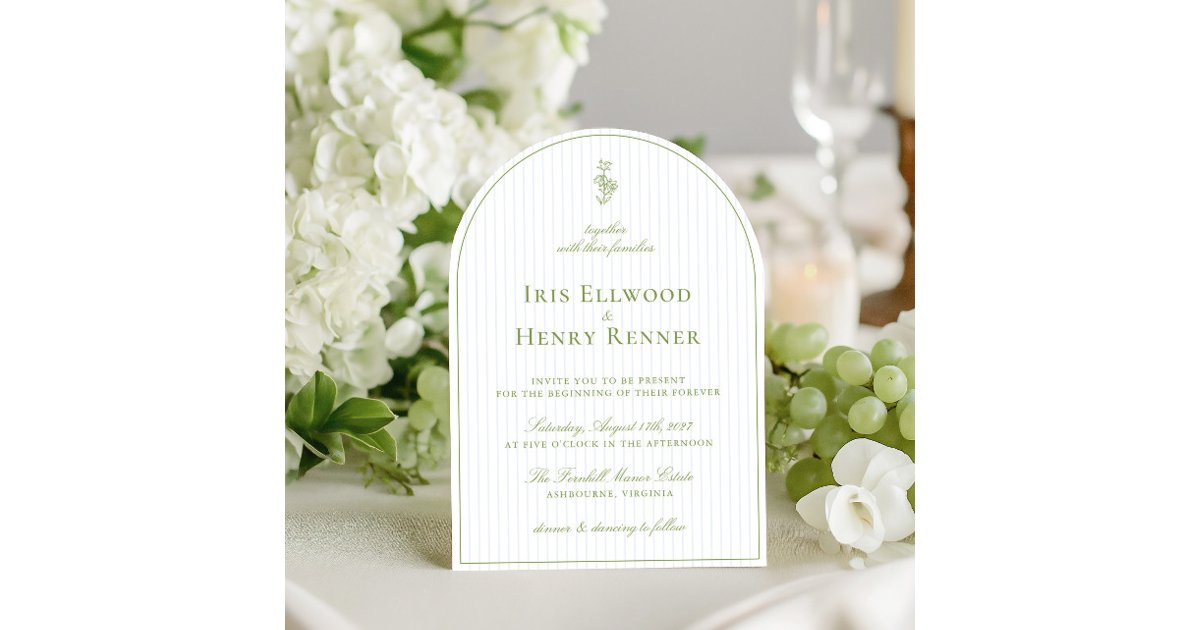 Elegant Arch Sage Green & Blue Stripe Wedding Invitation | Zazzle