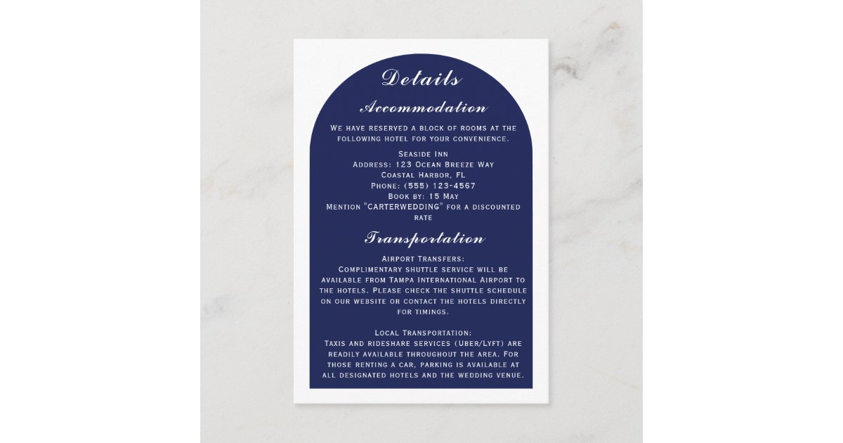 Elegant Arch White & Navy Nautical Wedding Details Enclosure Card | Zazzle