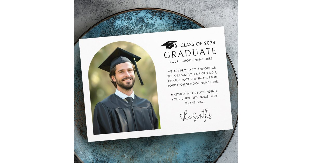 Elegant arch white photo graduation cap announcement | Zazzle