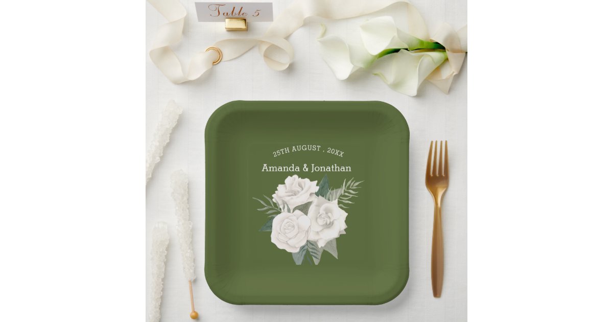 Elegant Army Green and White Roses Wedding Paper Plates | Zazzle
