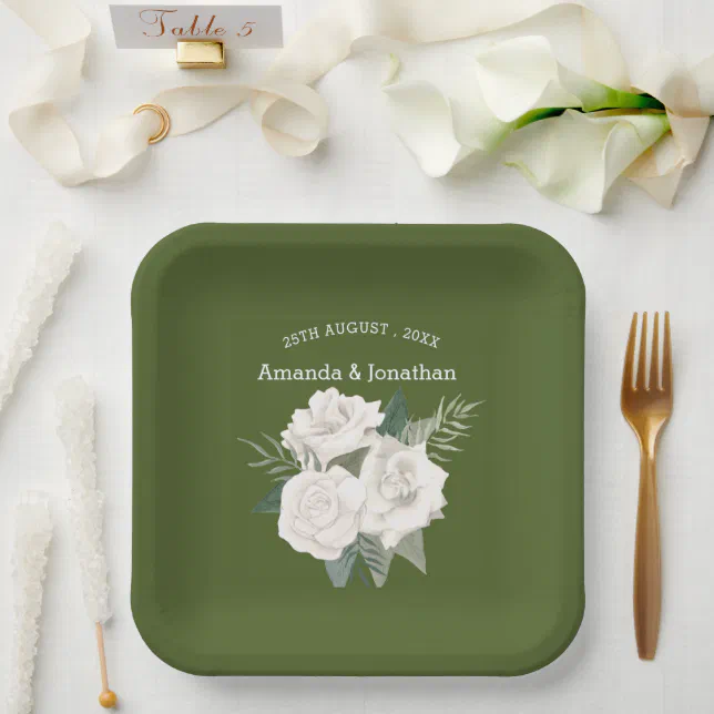Elegant Army Green and White Roses Wedding Paper Plates | Zazzle