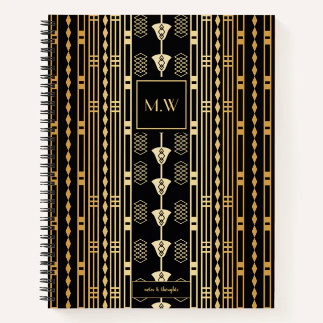 Elegant Art Deco Black and Gold Abstract Monogram Notebook | Zazzle