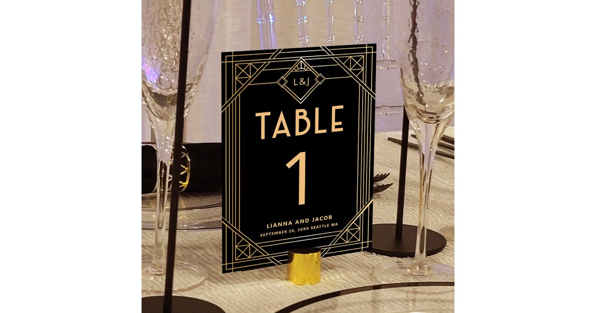 Elegant Art Deco Black Gold Wedding Table Number | Zazzle