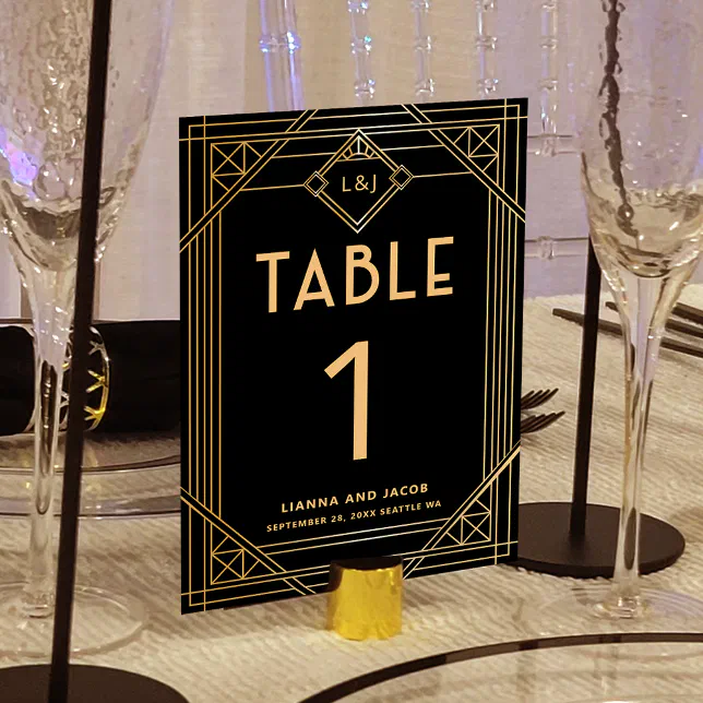 Elegant Art Deco Black Gold Wedding Table Number | Zazzle