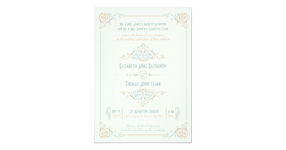 Elegant Art Deco Blue & Cream Wedding Invitations | Zazzle.com